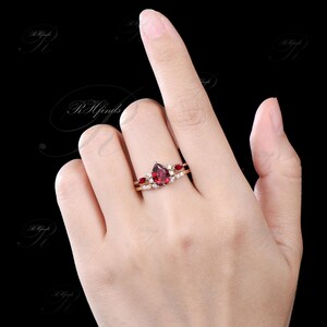 Unique Teardrop Ruby Ring Set Vintage Pear Cut Ruby Engagement Ring Set ...