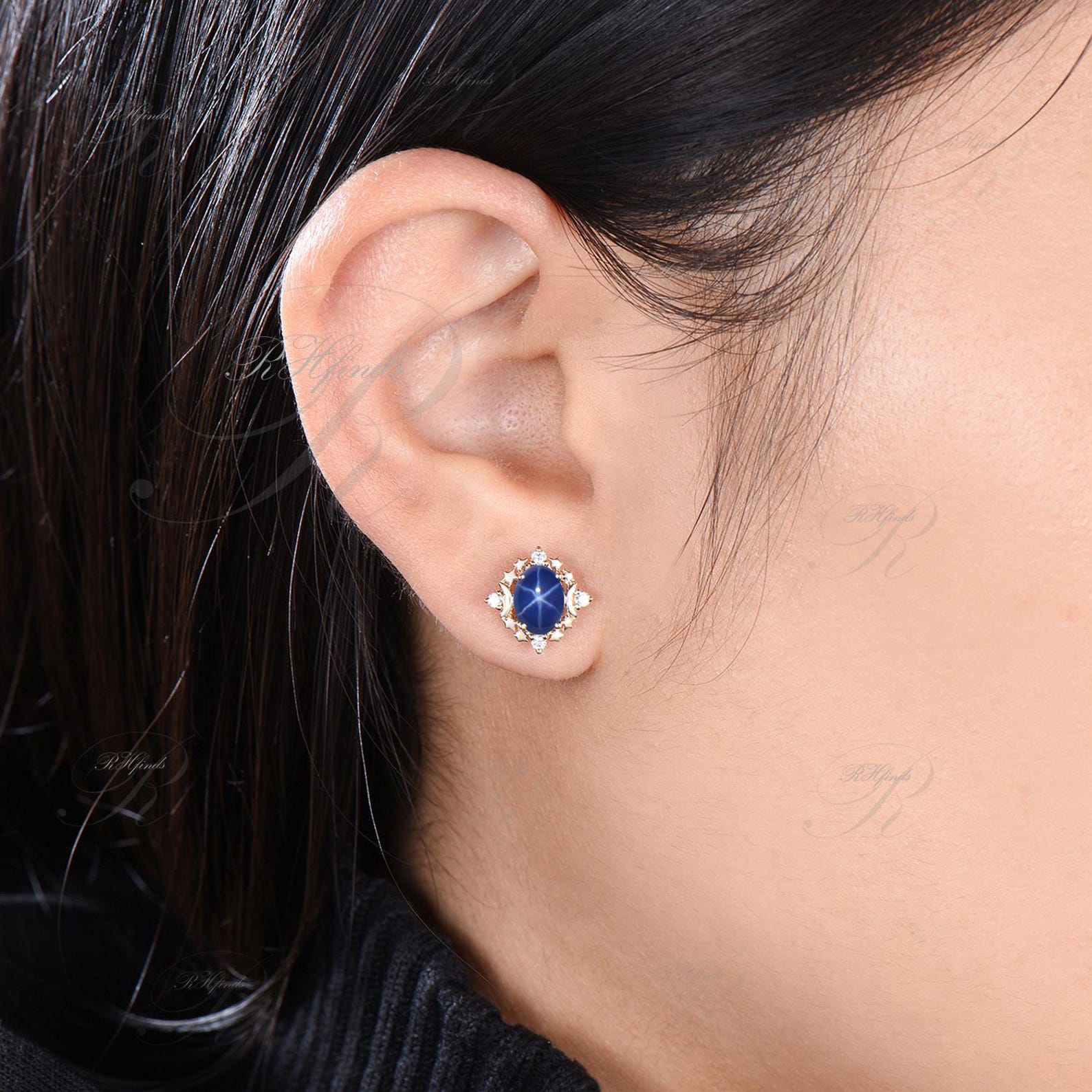 Unique Oval Cut Blue Star Sapphire Stud Earrings Art Deco Moon Star ...