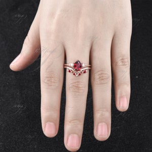 Vintage Teardrop Ruby Engagement Ring Set Milgrain Three Stone Wedding ...
