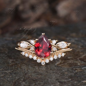 Unique Teardrop Ruby Engagement Ring Set Rose Gold Seven Stone Wedding ...