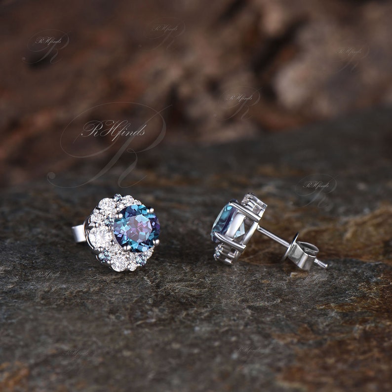 Unique Round Alexandrite Stud Earrings Art Deco June Birthstone ...