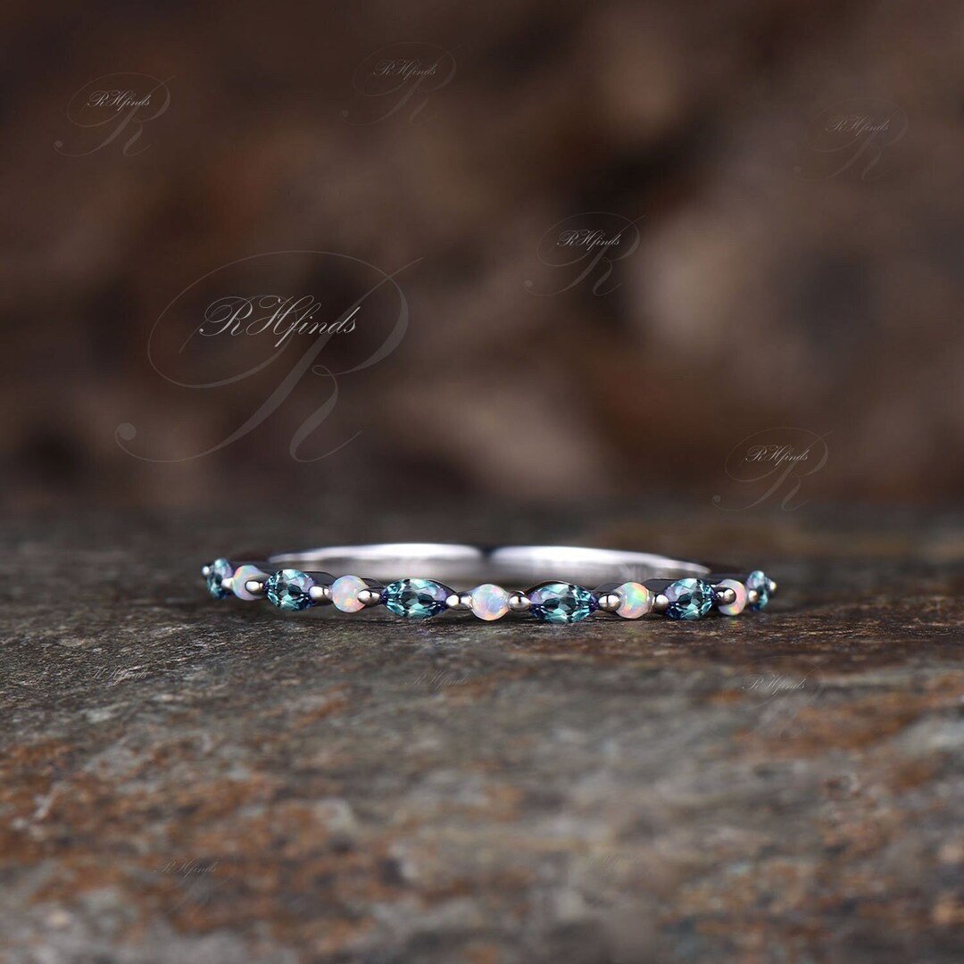 Minimalist Opal Alexandrite Wedding Band Unique Half Eternity Dainty ...