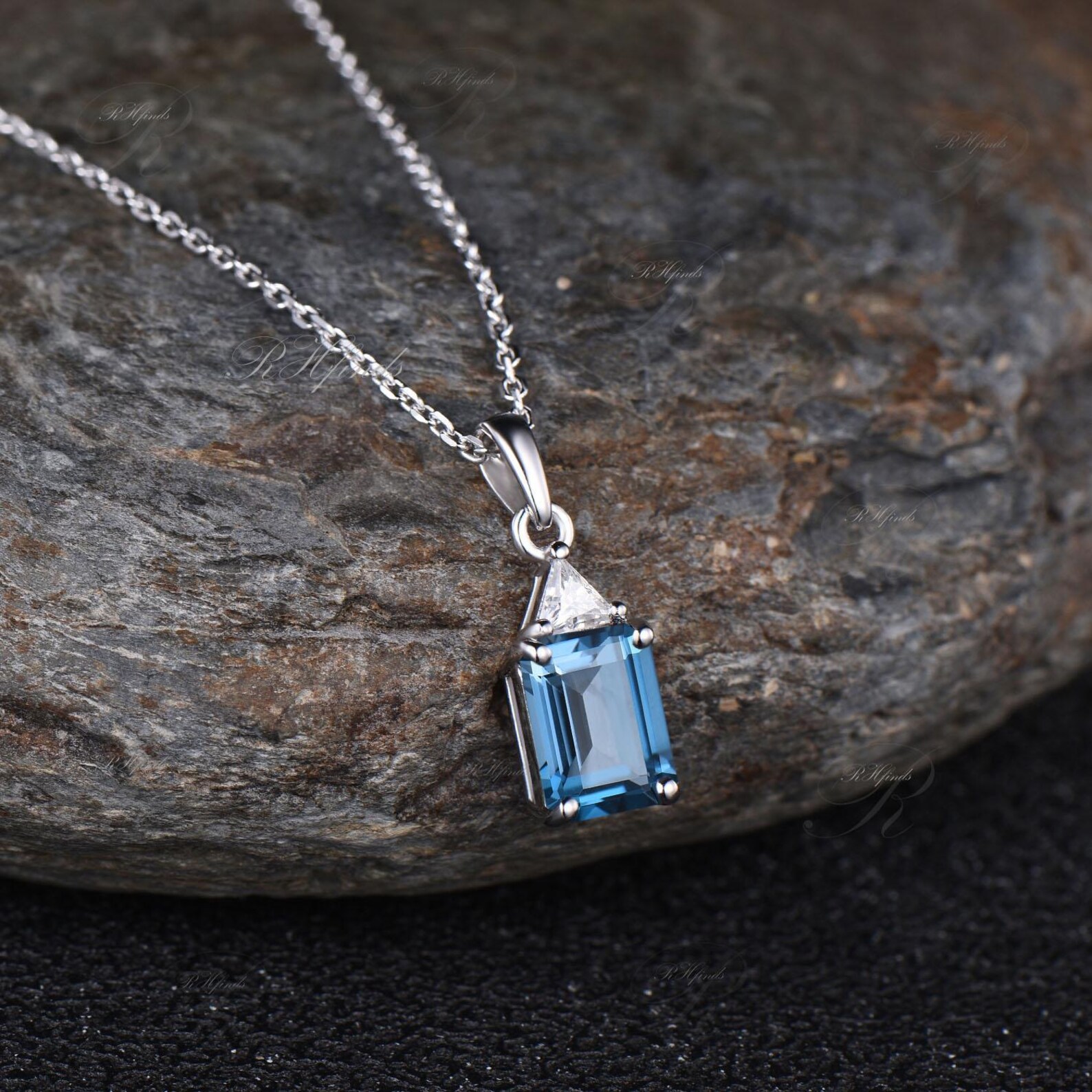 Minimalist Emerald Cut Natural London Blue Topaz Necklace Unique ...
