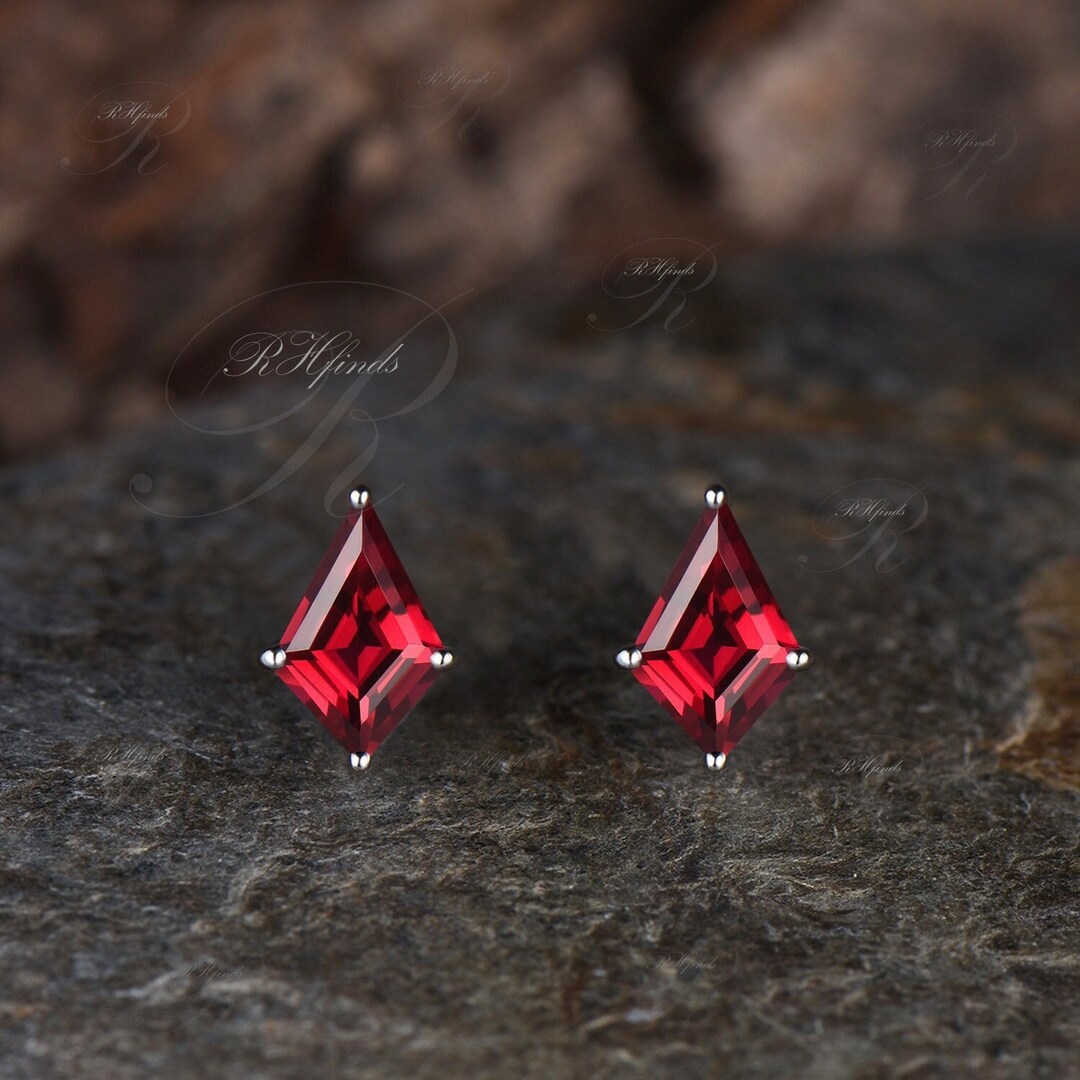 Vintage Kite Cut Ruby Earrings Unique Red Gemstone Solitaire Stud ...