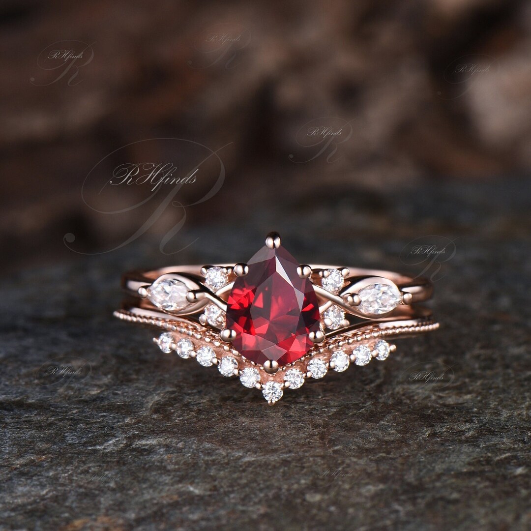 Unique Teardrop Ruby Engagement Ring Set Rose Gold Seven Stone Wedding ...
