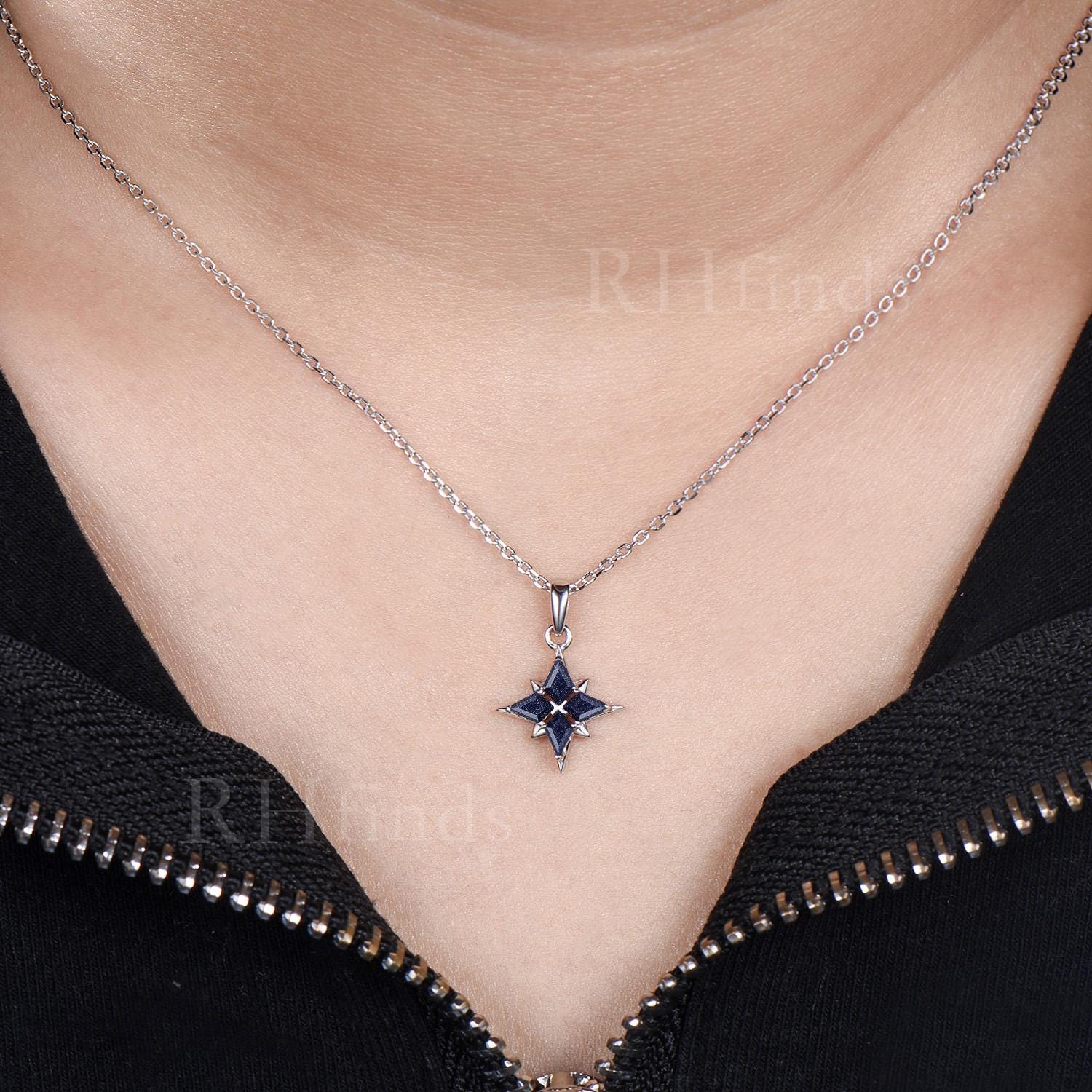 Dainty Kite Cut Galaxy Blue Sandstone Necklace Minimalist North Star ...