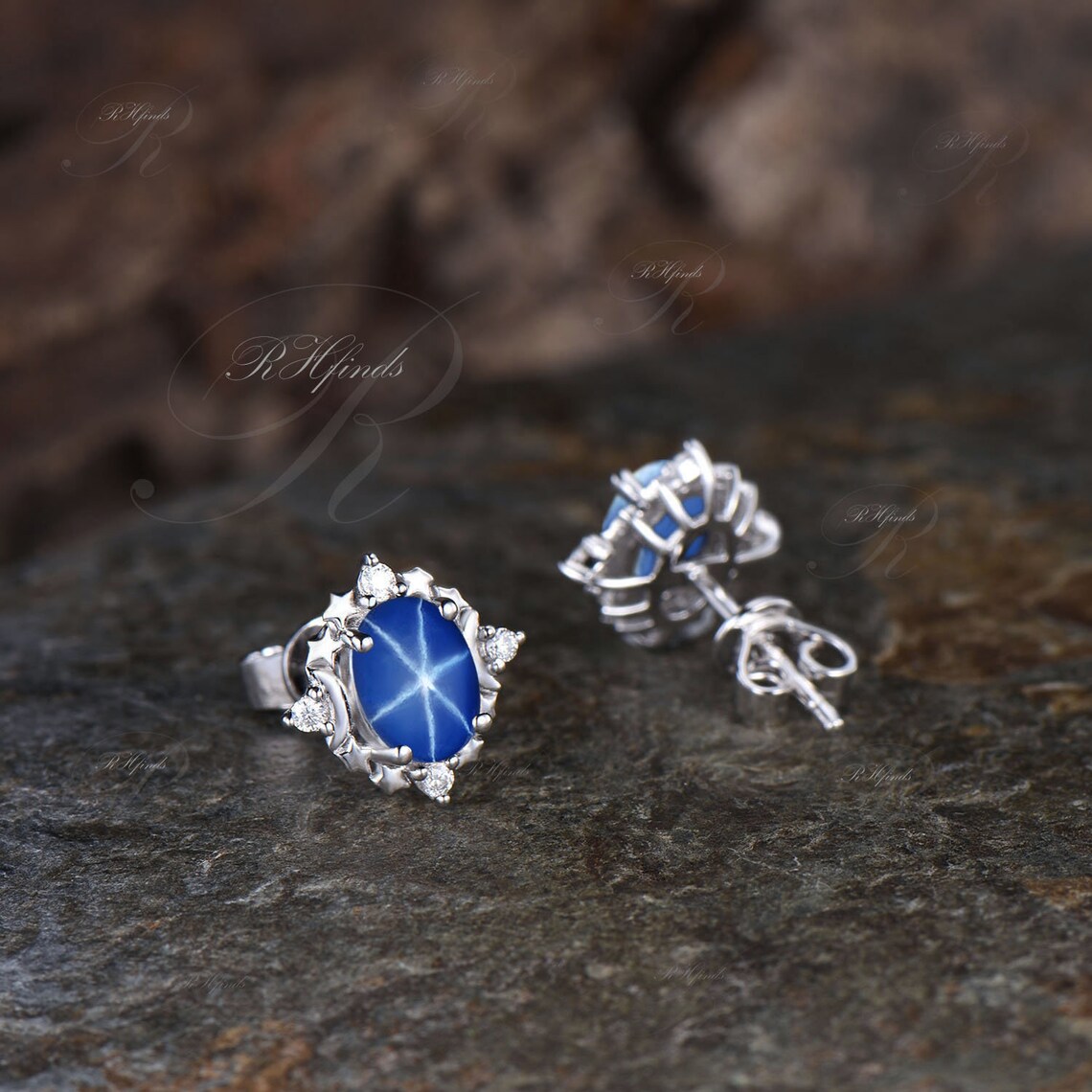 Unique Oval Cut Blue Star Sapphire Stud Earrings Art Deco Moon Star ...