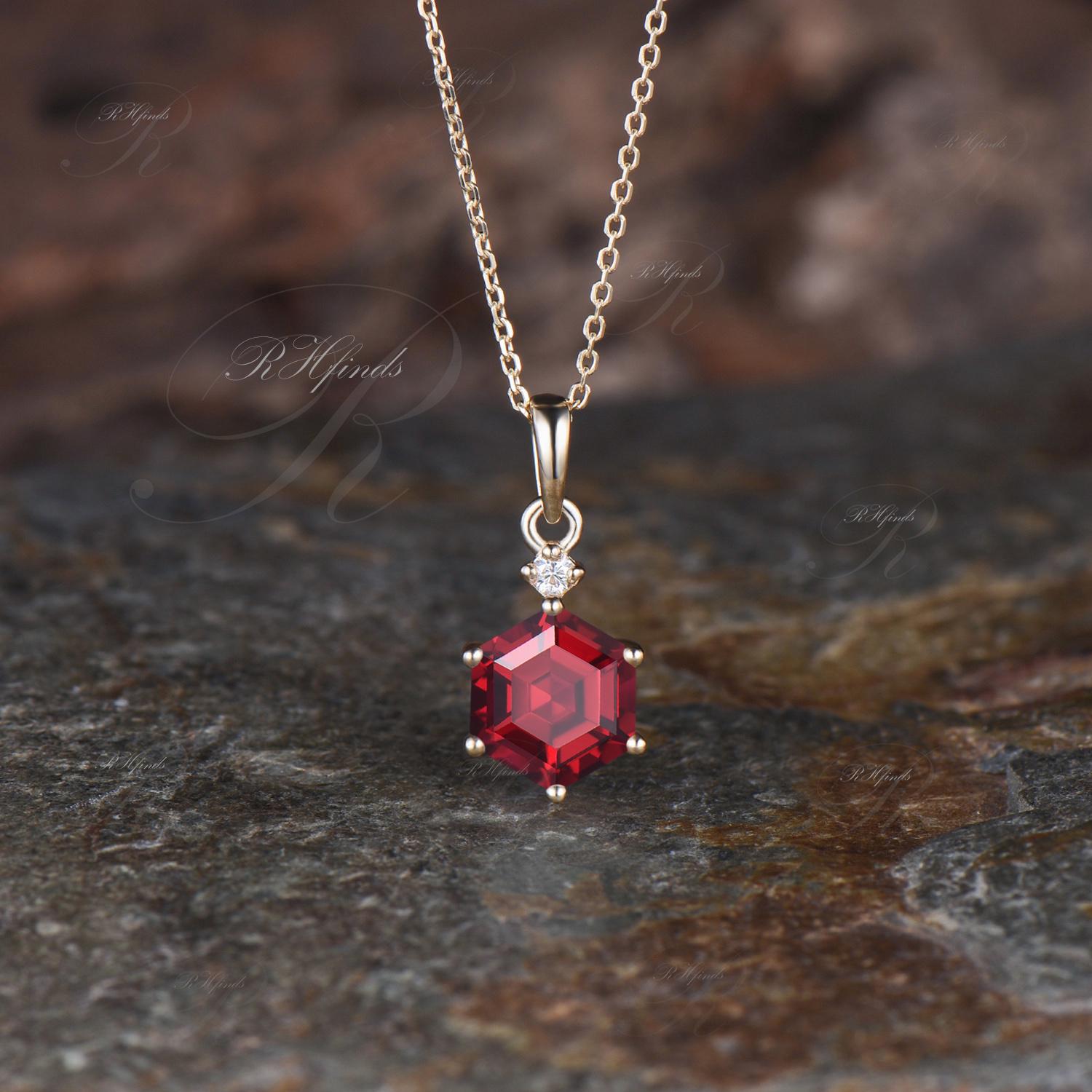 Art Deco Hexagon Cut Ruby Necklace Unique 14k Rose Gold Moissanite Two ...
