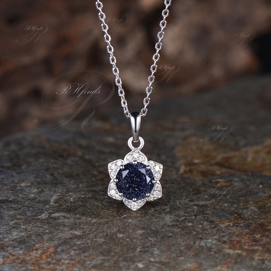 Galaxy Round Cut Blue Sandstone Necklace Unique Blue Gemstone ...