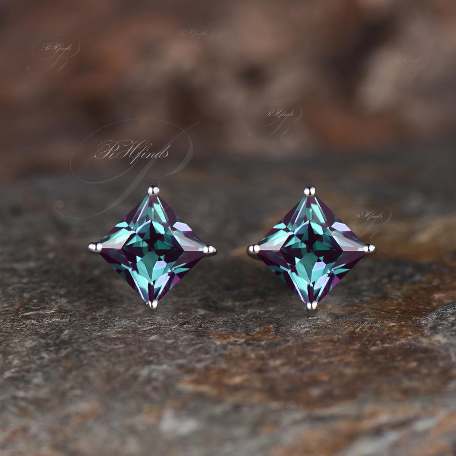 2ct Princess Cut Alexandrite Stud Earrings Dainty June Birthstone Color ...