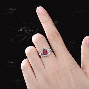 Unique Teardrop Ruby Engagement Ring Set Rose Gold Seven Stone Wedding ...