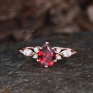 Unique Teardrop Ruby Engagement Ring Set Rose Gold Seven Stone Wedding ...