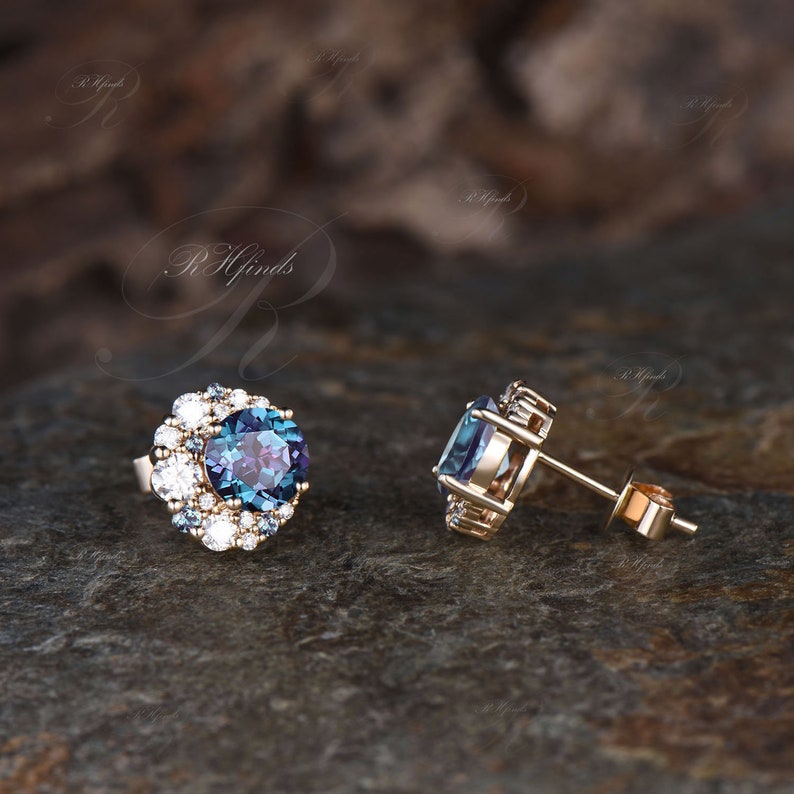Unique Round Alexandrite Stud Earrings Art Deco June Birthstone ...