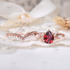 Unique Teardrop Ruby Engagement Ring Set Rose Gold Seven Stone - Etsy