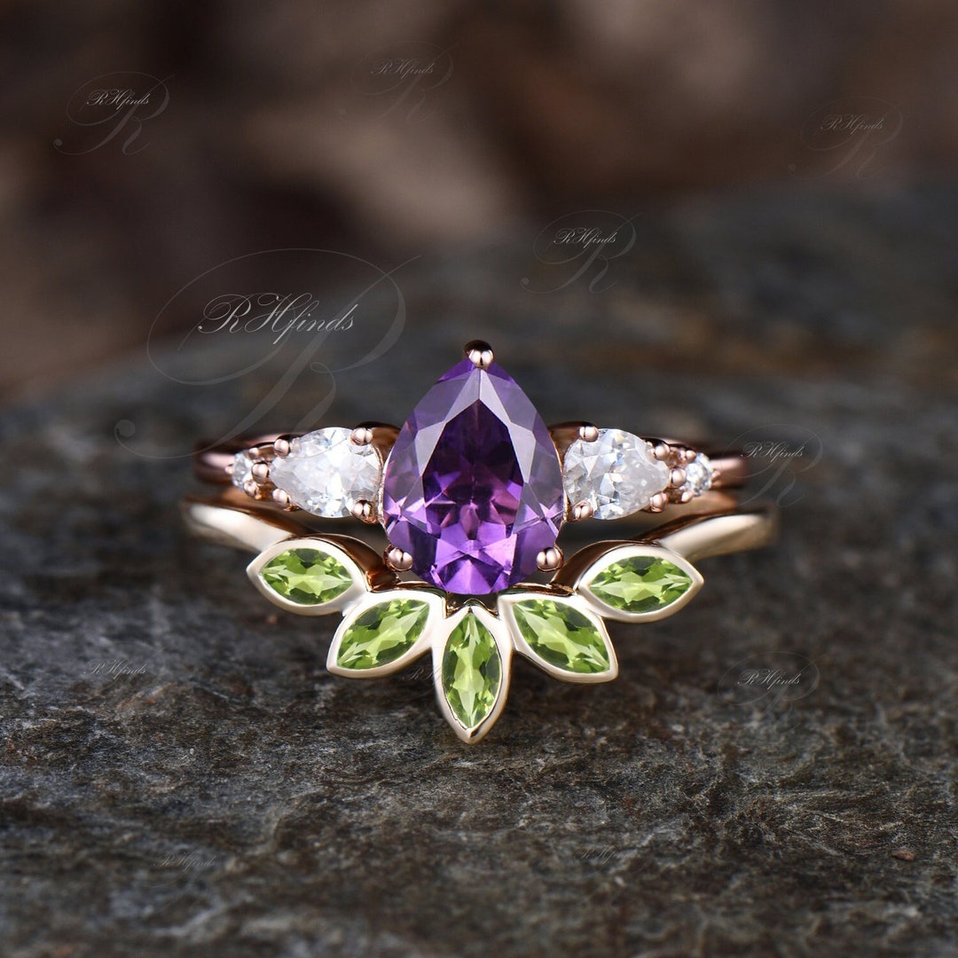 Teardrop Amethyst Engagement Ring Set Unique February Birthstone Purple ...