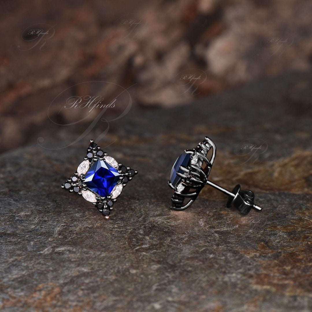 Princess Cut Blue Sapphire Stud Earrings Unique Moissanite Black Spinel ...