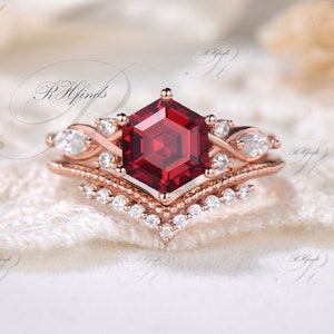 Vintage Hexagon Cut Ruby Engagement Ring Set Round Marquise Moissanite ...