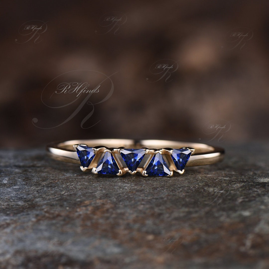 Trillion Cut Blue Sapphire Wedding Band Delicate September Birthstone ...
