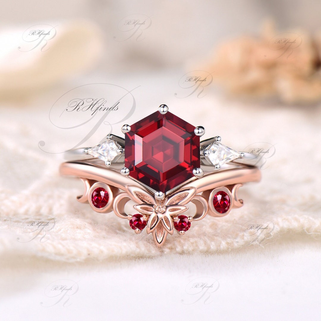 Unique Hexagon Ruby Engagement Ring Set Vintage July Birthstone Red ...