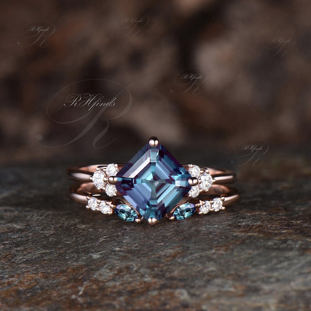 Vintage Unique Asscher Cut Alexandrite Engagement Ring Set Rose Gold ...