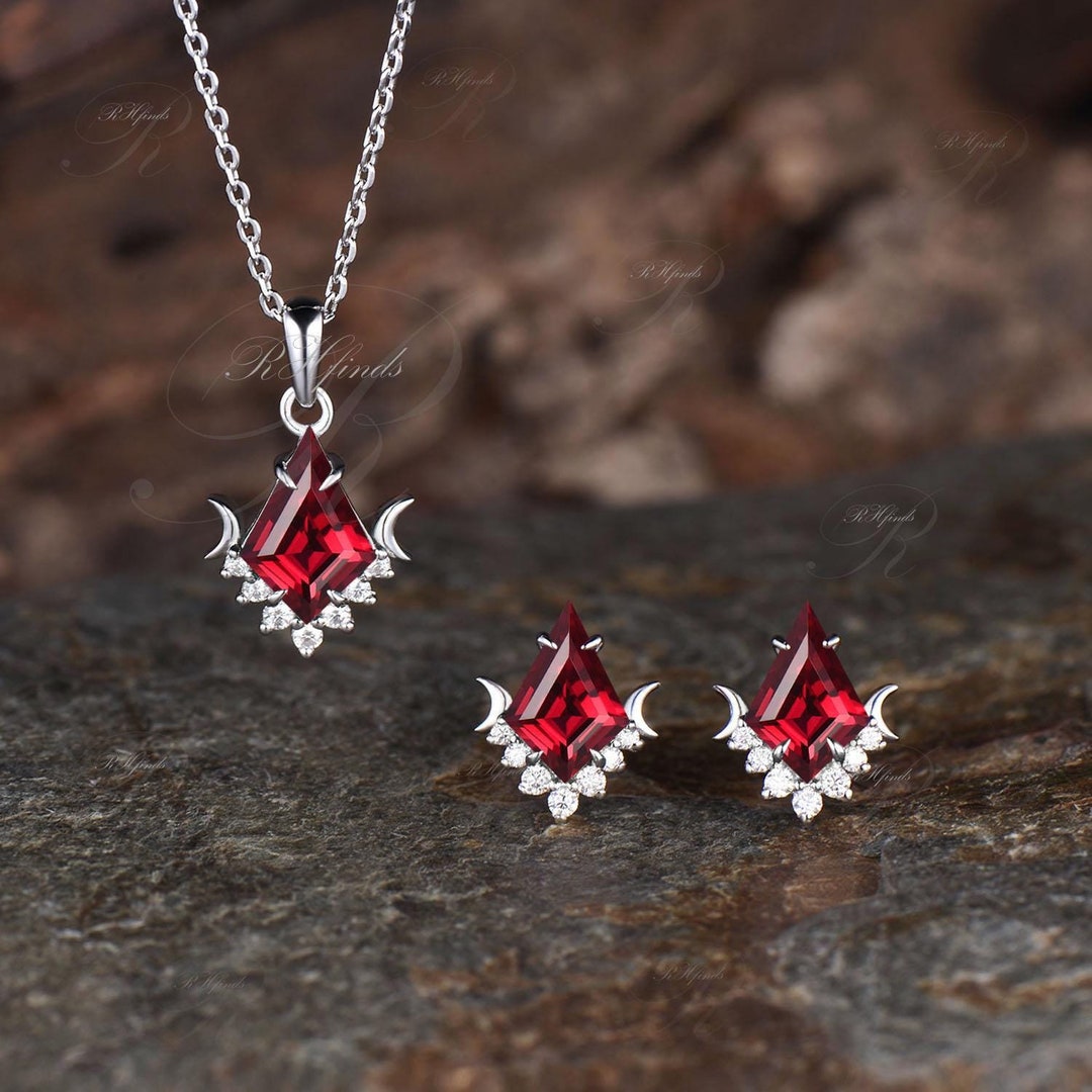 Vintage Kite Cut Ruby Anniversary Jewelry Set Dainty 14k White Gold ...