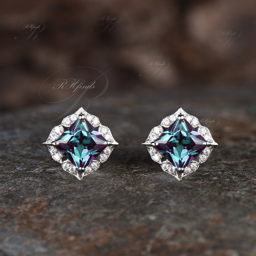 Unique Princess Cut June Birthstone Alexandrite Earrings Delicate ...