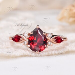 Unique Teardrop Ruby Ring Set Vintage Pear Cut Ruby Engagement Ring Set ...