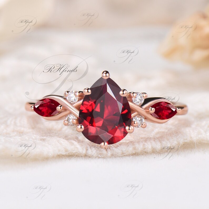 Unique Teardrop Ruby Ring Set Vintage Pear Cut Ruby Engagement - Etsy
