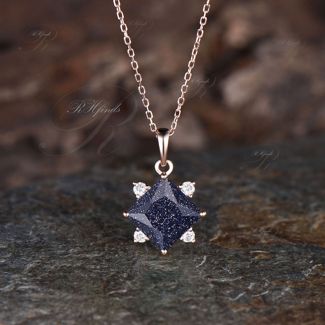 Delicate Princess Cut Blue Sandstone Necklace Unique Blue Gemstone ...