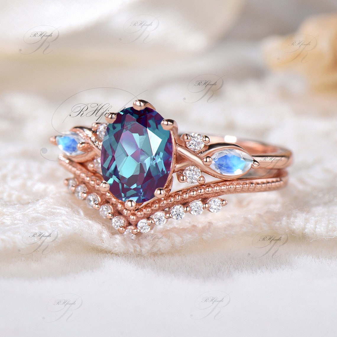 Rose Gold Alexandrite Ring Set Vintage Unique Oval Alexandrite - Etsy