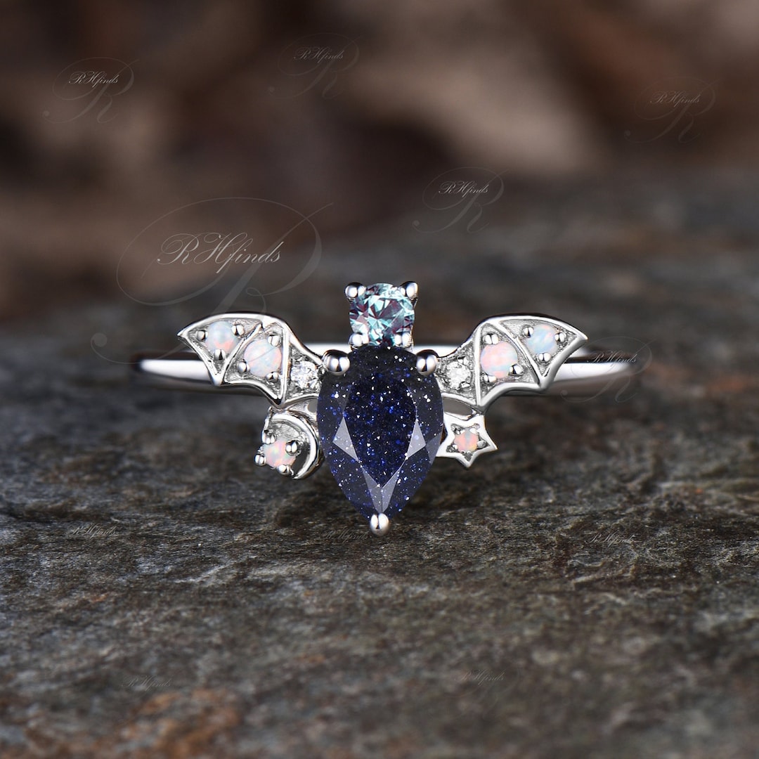 Vintage Pear Cut Galaxy Blue Sandstone Promise Ring Unique Alexandrite ...