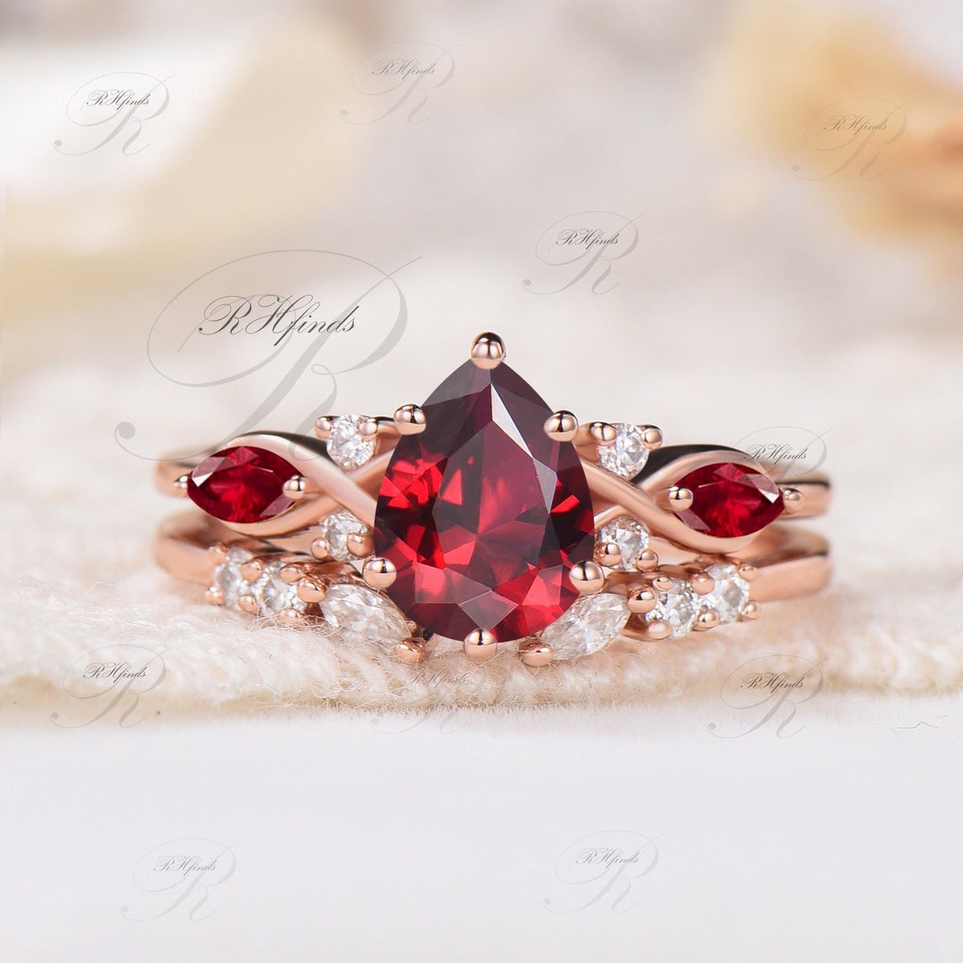 Unique Teardrop Ruby Ring Set Vintage Pear Cut Ruby Engagement Ring Set ...