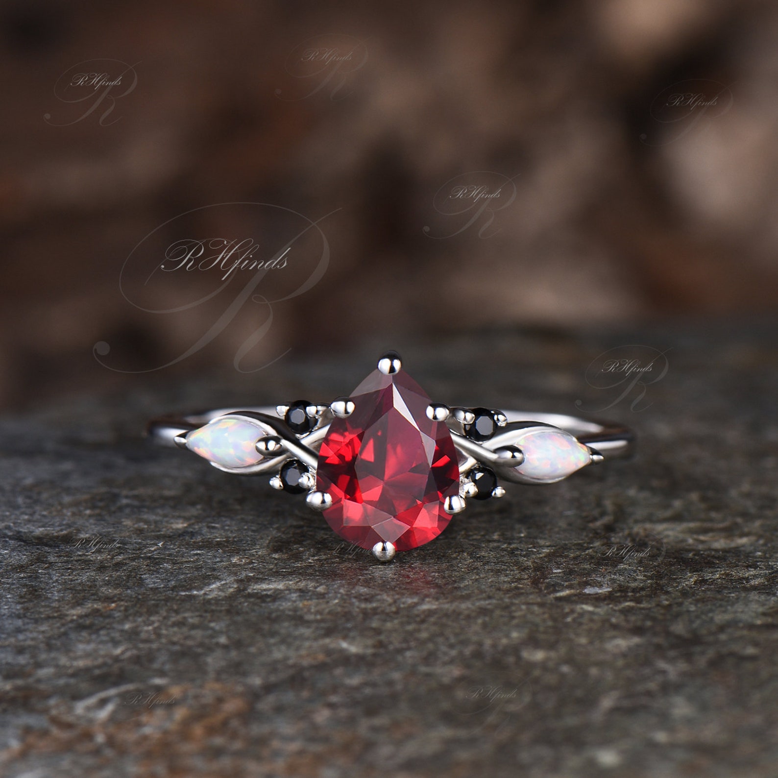 Pear Cut Ruby Engagement Ring Set Black Onyx Opal Cluster Wedding Ring ...