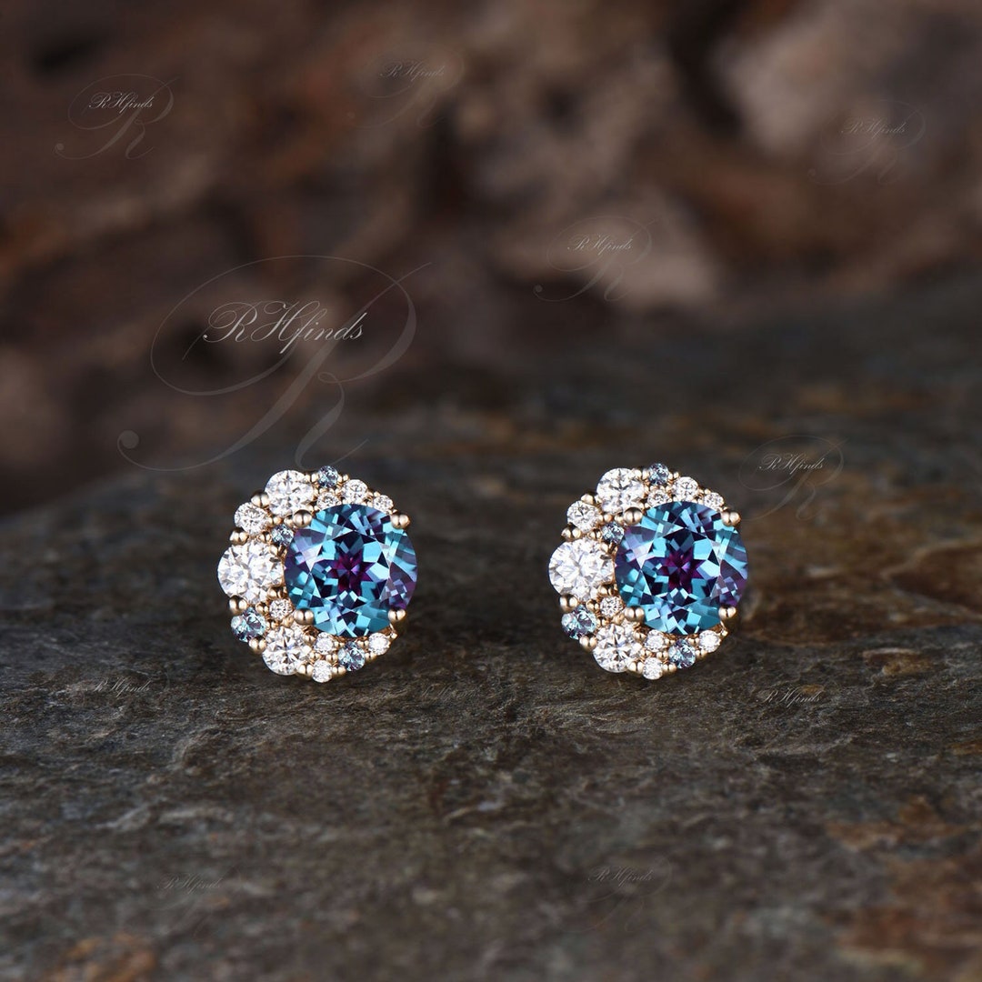 Unique Round Alexandrite Stud Earrings Art Deco June Birthstone ...