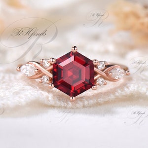 Vintage Hexagon Cut Ruby Engagement Ring Set Round Marquise Moissanite ...