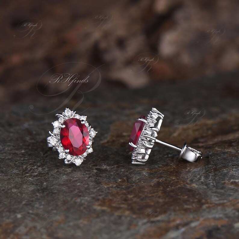 Vintage Oval Cut Ruby Stud Earrings Art Deco 14k White Gold Moissanite ...
