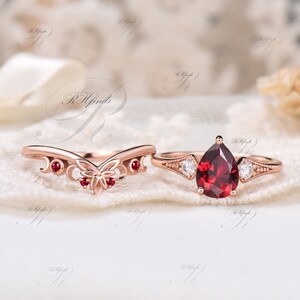 Vintage Teardrop Ruby Engagement Ring Set Milgrain Three Stone - Etsy