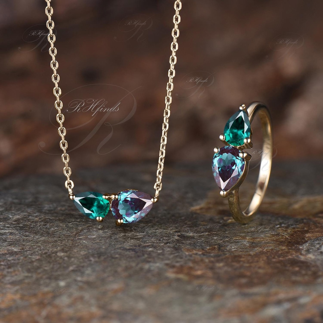 Unique 14k Yellow Gold Two Stone Promise Jewelry Set Minimalist Pear ...