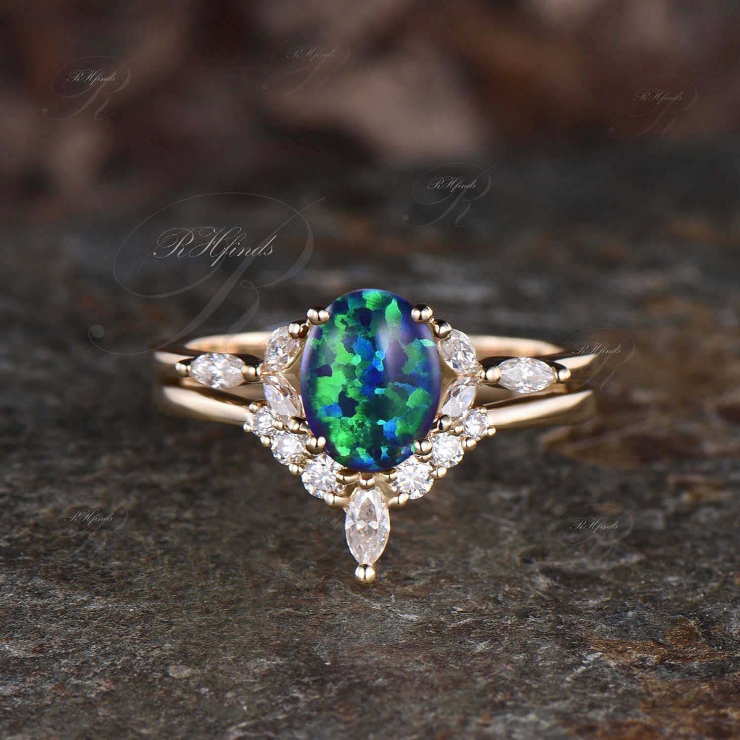 Art Deco Oval Cut Black Opal Engagement Ring Set Unique 14k Yellow Gold ...