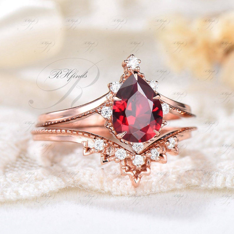 Teardrop Ruby Ring Set 6x8mm Ruby Engagement Ring Sterling - Etsy