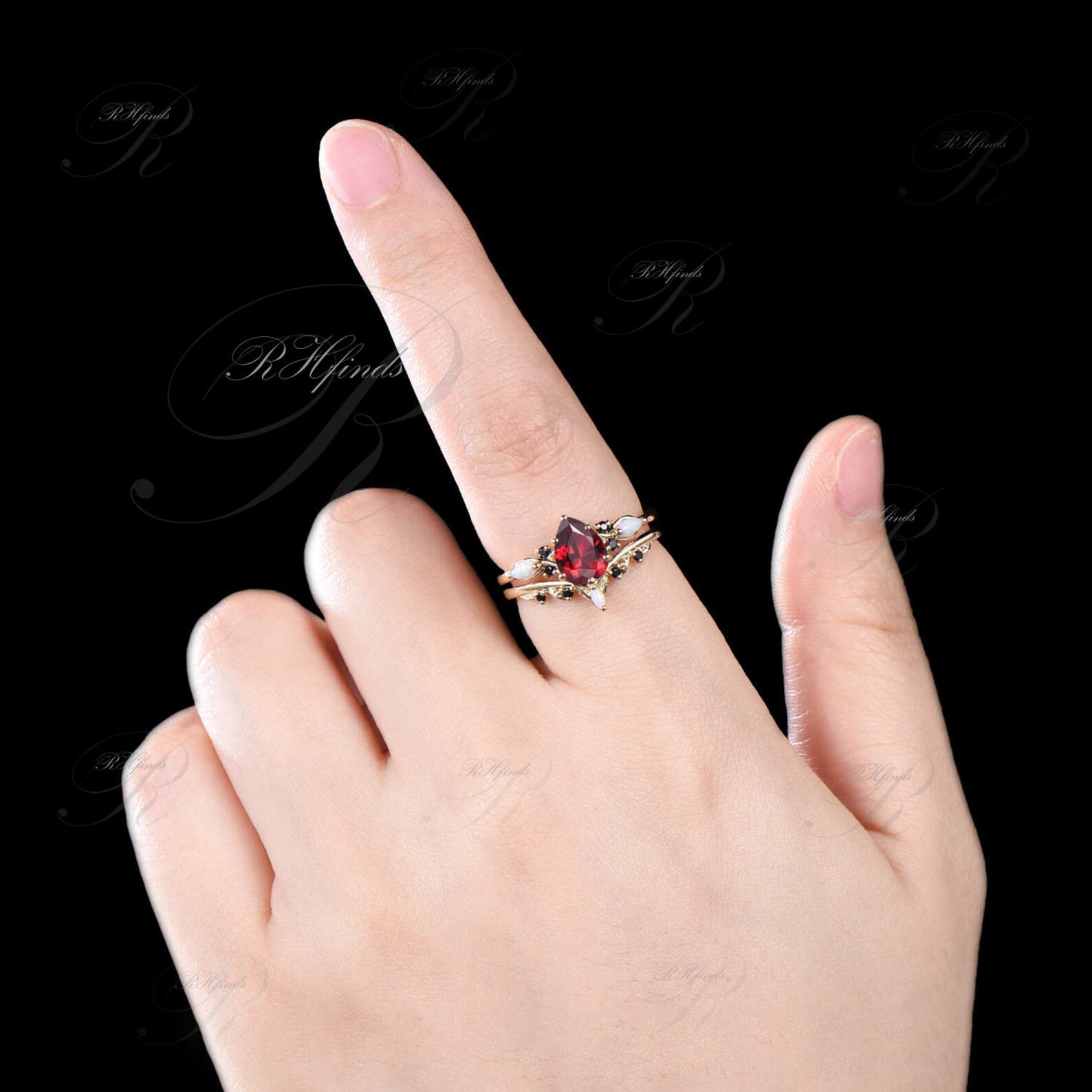 Pear Cut Ruby Engagement Ring Set Black Onyx Opal Cluster Wedding Ring ...