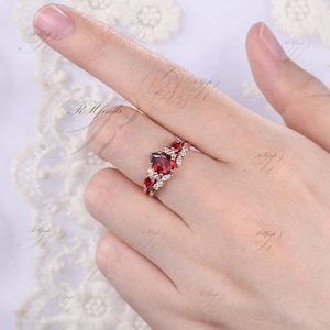 Unique Teardrop Ruby Ring Set Vintage Pear Cut Ruby Engagement Ring Set Art Deco Open Gap ...