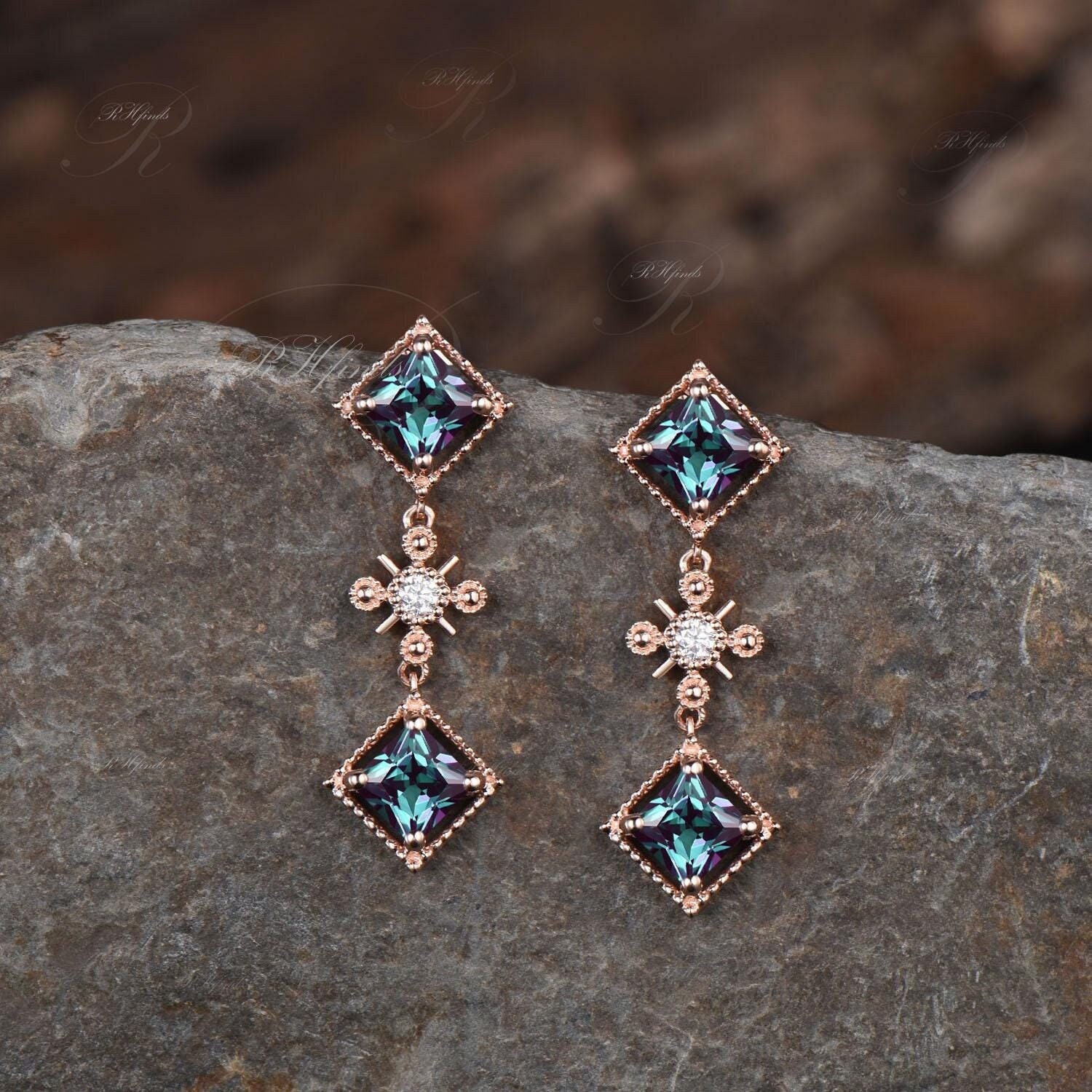Milgrain Princess Cut June Birthstone Alexandrite Jewelry Set Color ...