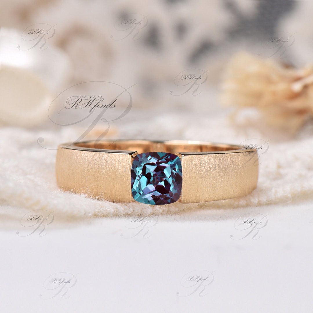 Unique Cushion Cut Alexandrite Solitaire Ring Flat Brushed Yellow Gold ...