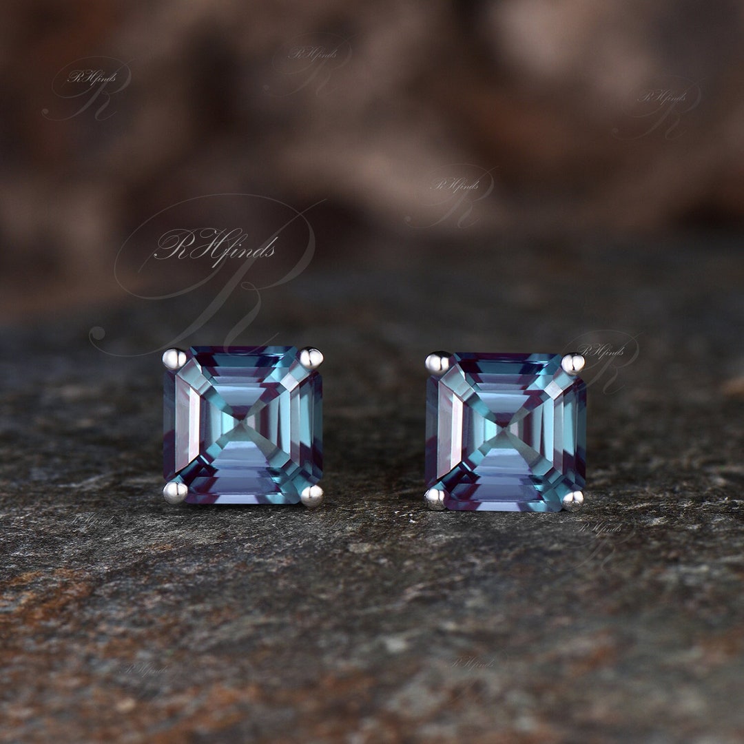Unique Asscher Cut Alexandrite Solitaire Earrings June Birthstone Color ...