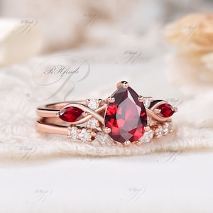 Unique Teardrop Ruby Ring Set Vintage Pear Cut Ruby Engagement Ring Set ...