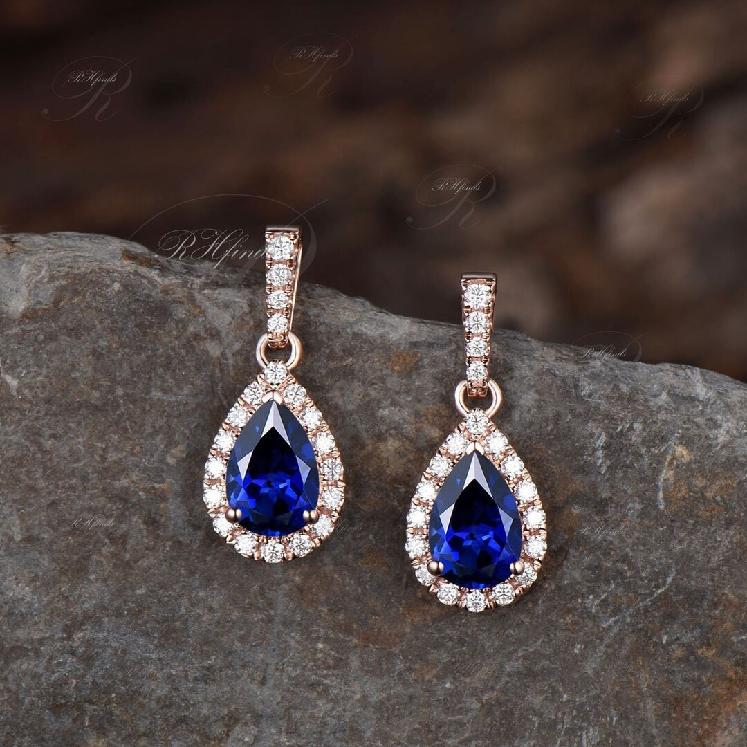 Art Deco Pear Cut September Birthstone Blue Sapphire Drop Earrings ...