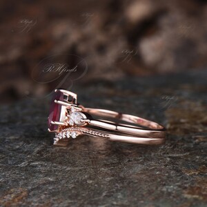 Unique Teardrop Ruby Engagement Ring Set Rose Gold Seven Stone Wedding ...