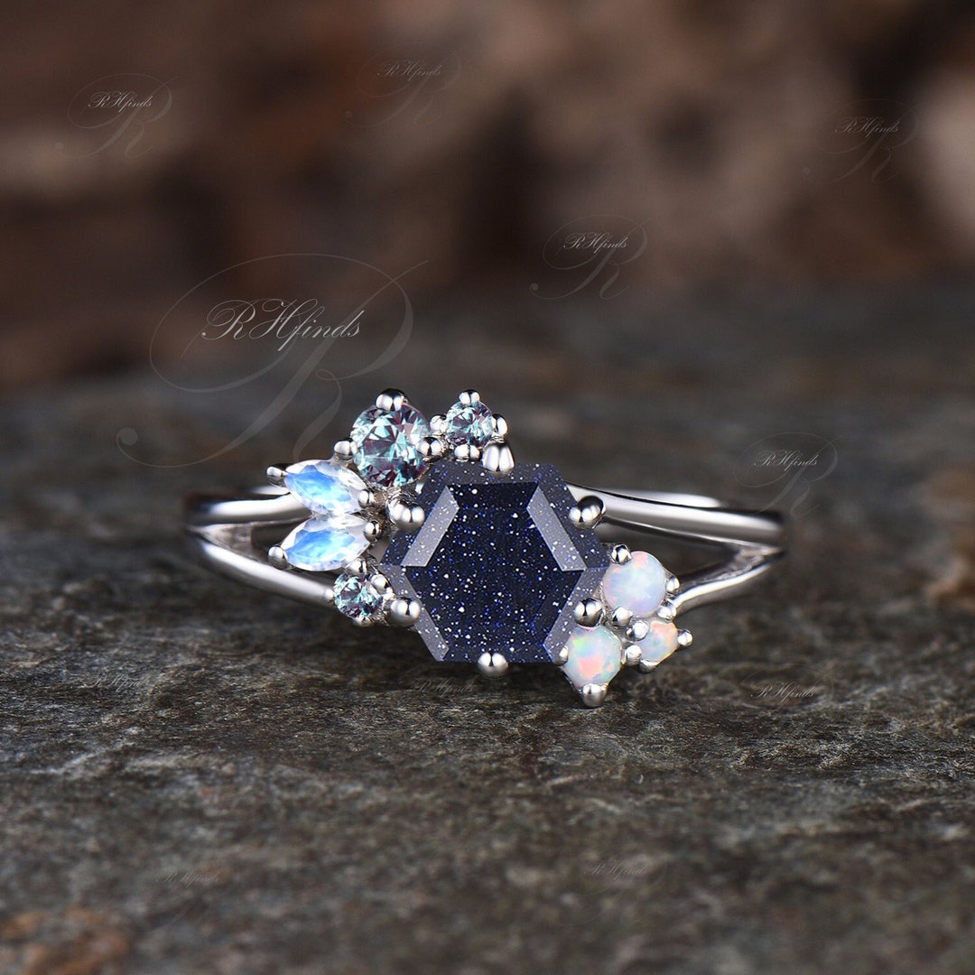 Galaxy Blue Sandstone Engagement Ring Alexandrite Moonstone Opal ...