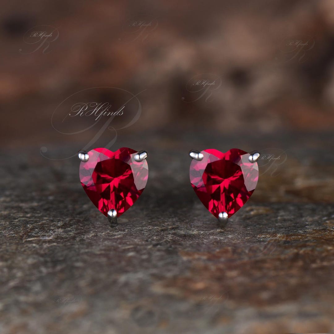 Vintage Heart Cut Ruby Stud Earrings Unique July Birthstone Solitaire ...